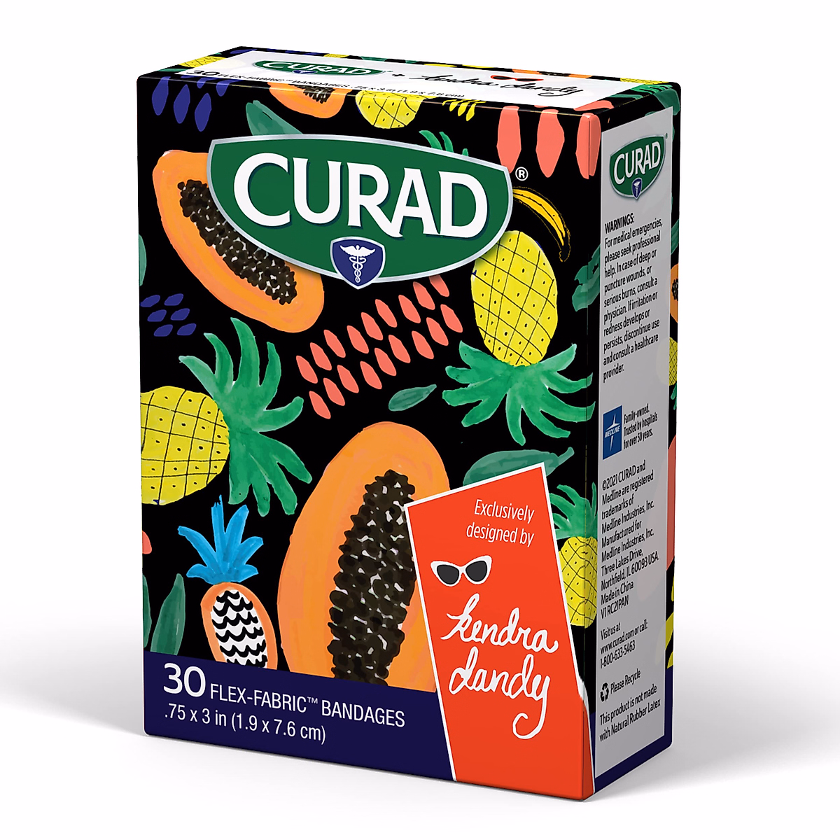 Curad Kendra Dandy Designer Adhesive Fabric Bandages (90 Count), 2 Colorful Patterns - Pineapples and Papayas, First Aid Bandages are .75" x 3", 30 Count Boxes (3 Pack)