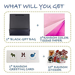 yacool Black Gift Bag 11 x 4 x 13 with Greeting Card, Sticker and Tissue Paper for Birthday, Valentine, Party, Baby Shower, Girls, Boys