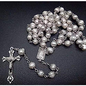Jirehjill Rosary Beads Catholic for Woman - Pink Natural Real Pearl Rosary Beads.