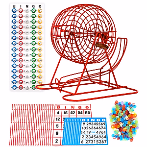 Regal Bingo Professional Bingo Game Set with 11" Wheel Cage, 75 Bingo Balls, Master Board, 18 Bingo Cards & 25 Jumbo Reusable Cards, and Colorful Chips - Bingo Games for Adults Large Group - Red