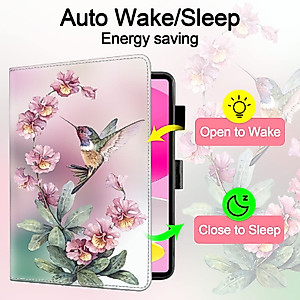 Compatible with iPad 10th Generation Case 10.9 inch(2022 Model),Protective Cover for iPad Case 10th Generation,Auto Wake/Sleep Cover,Pencil Holder(Pink Flower Hummingbird)