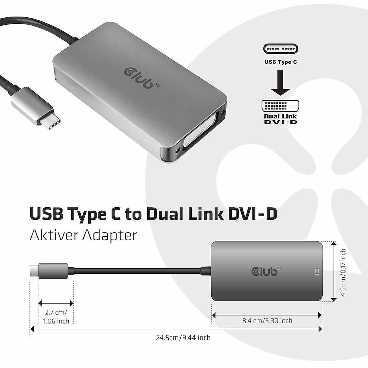 Club3D CAC-1510 USB Type C to Dual Link DVI-D Cable Adapter Support 3840x2160@30hz, 2560x1600@60Hz HDCP Support M/F