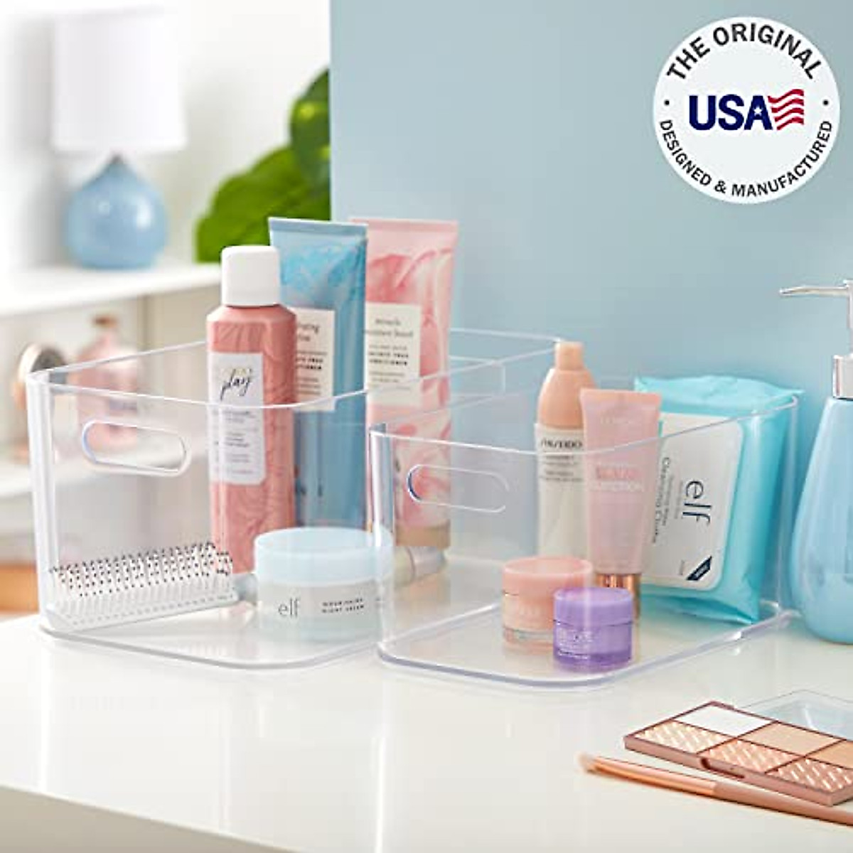 STORi Bliss Open Compartment Clear Plastic Organizer Set of 2 | 12x8 and 10x6 | Rectangular Makeup & Vanity Containers & Pantry Storage Bins with Pass-Through Handles | Round Corners | Made in USA