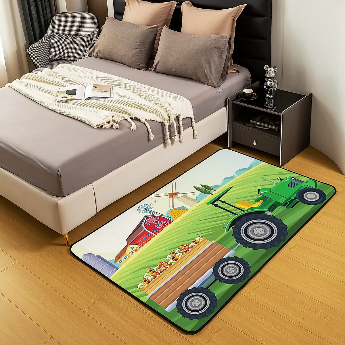 Tractor Area Rug 3'x5' Cartoon Farm Equipment Trucks Rugs Mat for Green Construction Car Living Room Bedroom Decor Harvester Tractor Carpet Non Slip Area Runner Rug