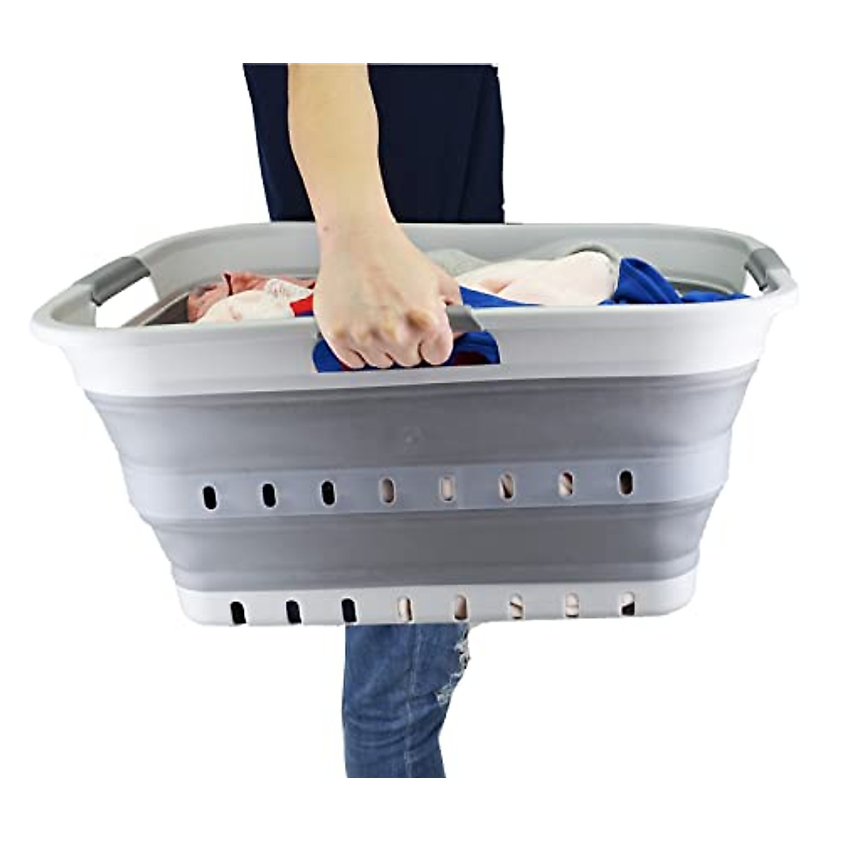 SAMMART 42L (11 gallon) Collapsible Plastic Laundry Basket - Foldable Pop Up Storage Container/Organizer - Portable Washing Tub - Space Saving Hamper/Basket (Grey/Dark Grey)