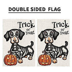 Halloween Trick or Treat Garden Flag Ghost Dog 12x18 Inch Small Double Sided Burlap Welcome Yard Dachshund Skeleton Outside Decorations DF342