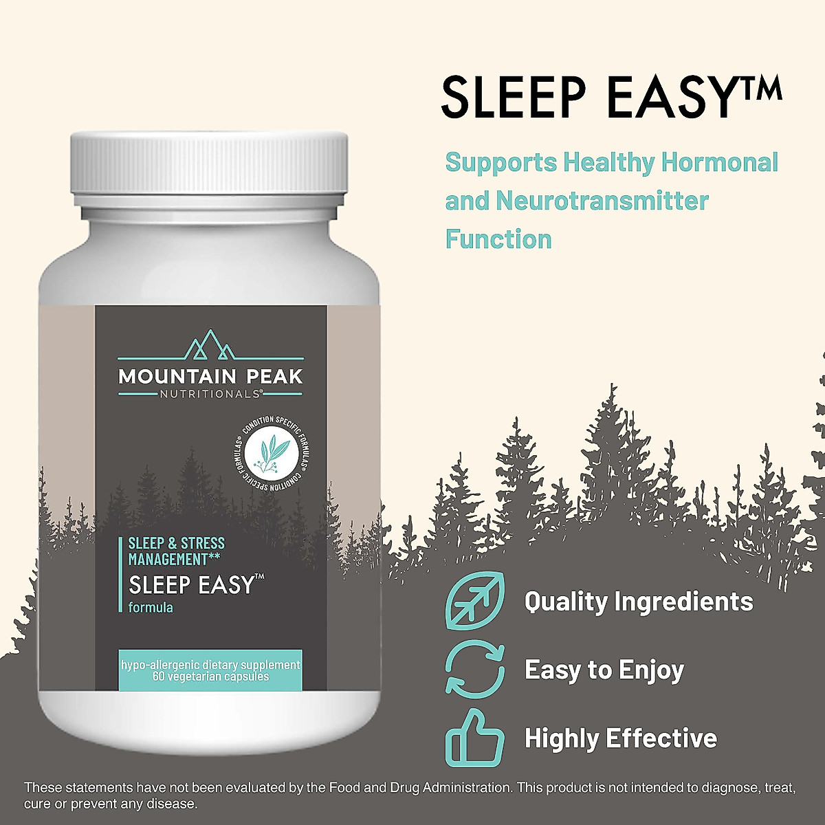 Mountain Peak Nutritionals Sleep Easy - Sleep Support Supplement Promoting A Relaxed & Calm Mood - 5-HTP, Amino Acids, Melatonin, & Magnesium - Hypoallergenic Dietary Supplement (60 Capsules)
