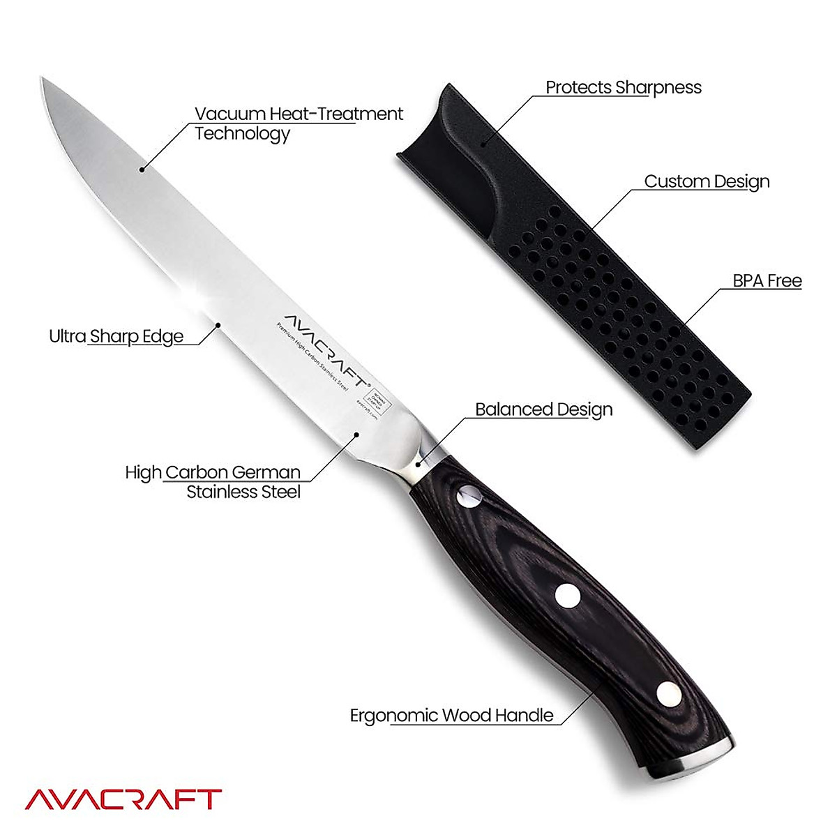 AVACRAFT Kitchen Utility Knife, High Carbon German 1.4116 Stainless Steel, Cutting Chopping Carving Knife, Ergonomic Wooden Handle, Razor Sharp, 5inch Knife with Custom Storage Case
