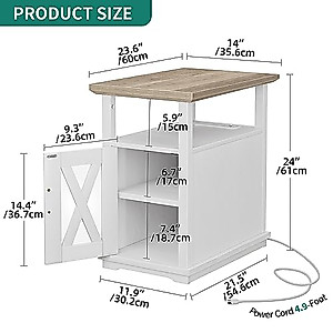 YITAHOME End Table with Charging Station, Narrow Side Table with Storage Adjustable Shelf, Farmhouse Nightstand with Door for Living Room, Bedroom, Grey Wash