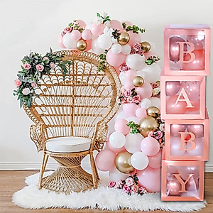 82PCS Rose Gold Baby Shower Decorations For Girl Kit - Jumbo Transparent Baby Block Balloon Box Includes BABY, Alphabet Letters DYI, White Gold Balloons, Gender Reveal 1st Birthday Party Backdrop
