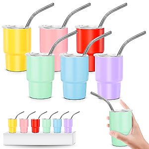 Hanna Roberts Mini Tumbler Shot Glass with Straw, Mini Tumbler Cups, Espresso coffee cups, Metal Mini 3oz Shot Glass Tumbler with Straw & Lid (6pcs) Home or Outdoor for Dink and Espresso