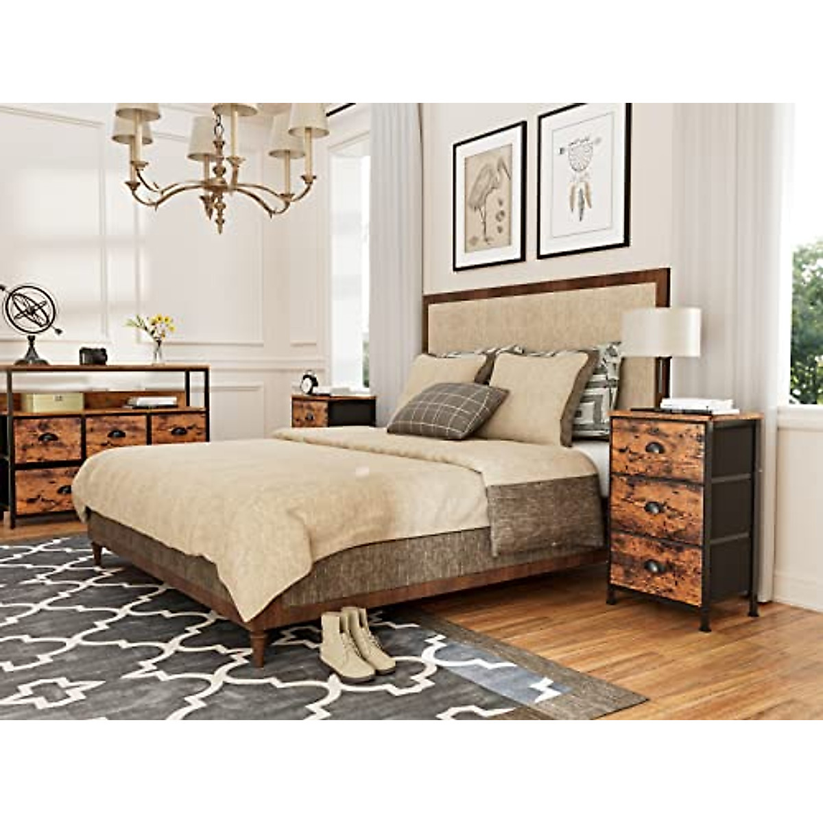 Furologee Nightstand with 3 Fabric Drawers, Tall End Table, Bedside Table for Storage, Small Dresser for Bedroom, Wooden Top for Living Room/Bedroom/Closet, Rustic Brown