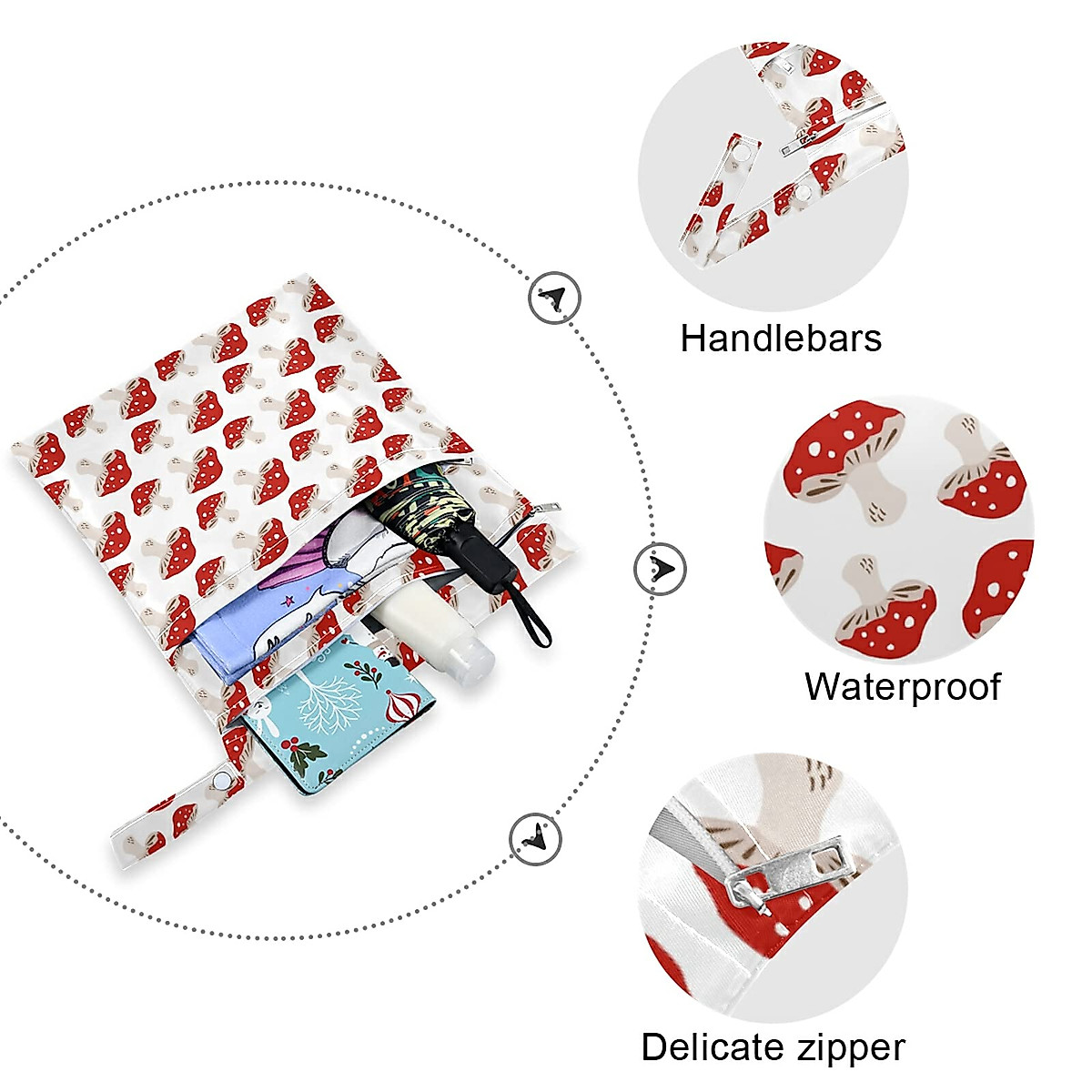 xigua Red Hat Mushroom Wet Dry Bag 2 Pieces, Waterproof Reusable Diapers Storage Bag Travel Bag with Two Zippers for Beach Swimming Summer Camp