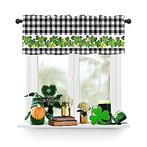Curtain Valance for Windows St. Patrick's Day Clover Gold Kitchen Valances Rod Pocket Short Curtains,White Black Checker Plaid Window Treatment Panel for Living Room Bathroom Bedroom 60x18in