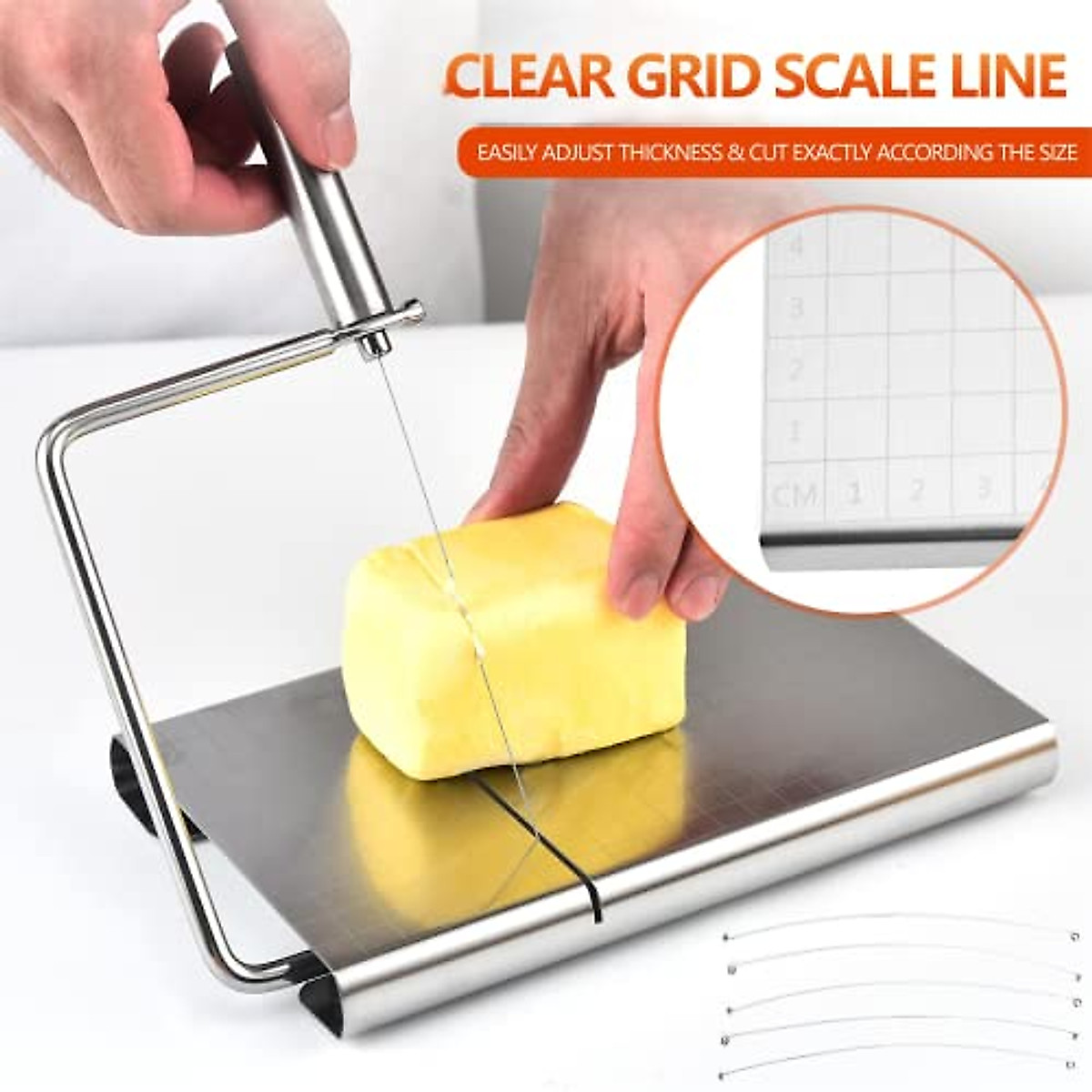 ISZW Cheese Slicer Knife Set, Cheese Slicer Cutter with Wire Food Cutter Precise Scale Board, 4 Cheese Knife Set Mini Butter Knife & Fork for Cutting Cheese Butter Vegetables Sausgae