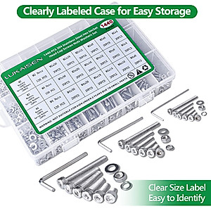 Screws and Nuts, 1440PCS M2 M3 M4 Metric Screw Assortment, 304 Stainless Steel Metric Bolts and Nuts Assortment Kit, Hex Socket Head Cap Flat Lock Washers Bolts Assortment Kit with 3 Wrenches