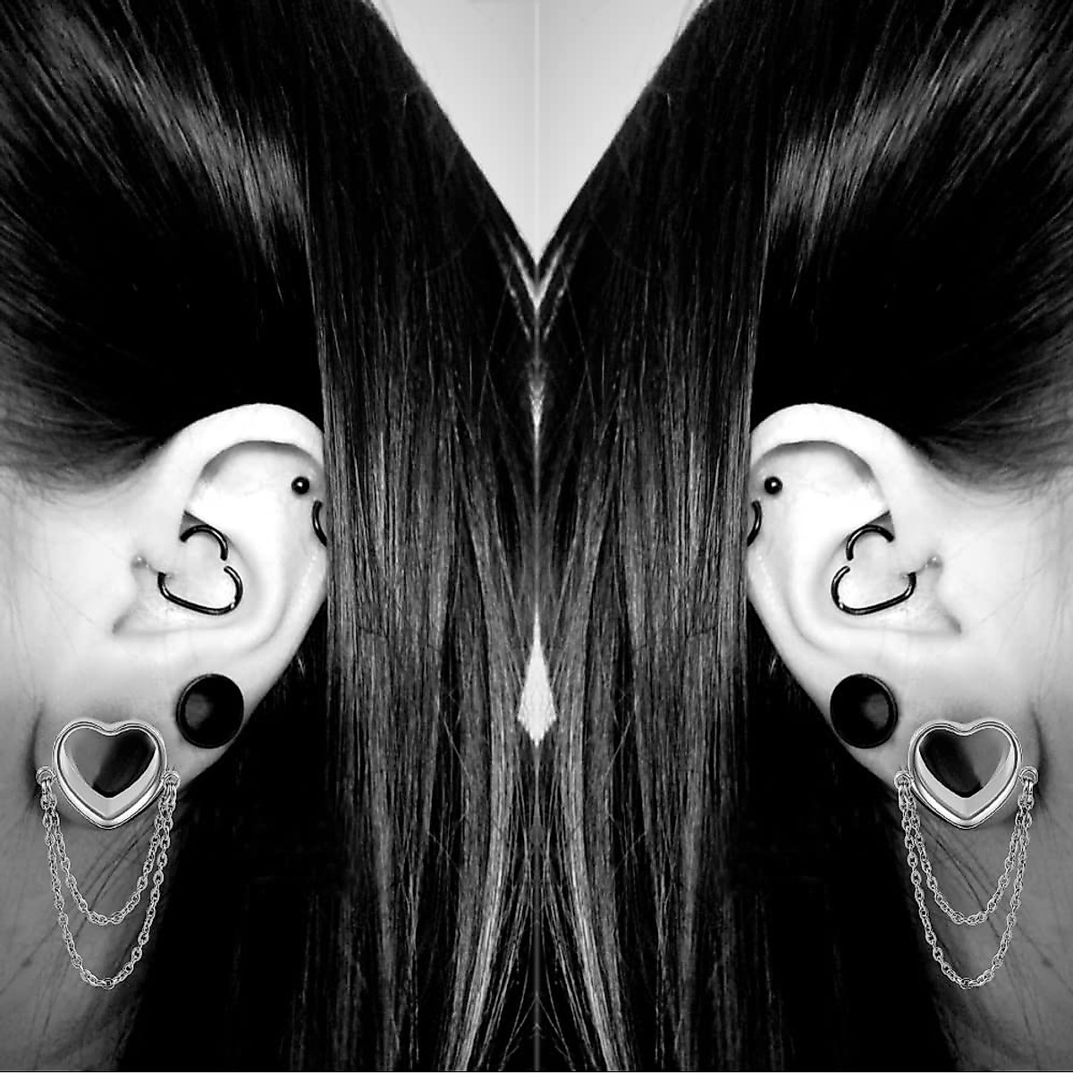 DOEARKO 2 Pcs Ear Gauges Simple Style Tunnels Dangle Plugs with Chain Elegant Stretchers Hypoallergenic Stainless Steel Body Jewelry (14mm(9/16"), Black Heart)