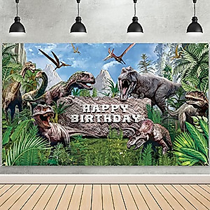 Dinosaur Theme Backdrop Banner Polyester Dinosaur Happy Birthday Photo Background Tropical Jungle Birthday Party Backdrop Decor for Kid Dinosaur Theme Birthday Party Photo Prop Decor, 72.8 x 43.3 Inch