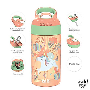 Zak Designs 16oz Riverside Kids Water Bottle with Spout Cover and Built-in Carrying Loop, Made of Durable Plastic, Leak-Proof Water Bottle Design for Travel (Unicorn & Dino Camo, Pack of 2)