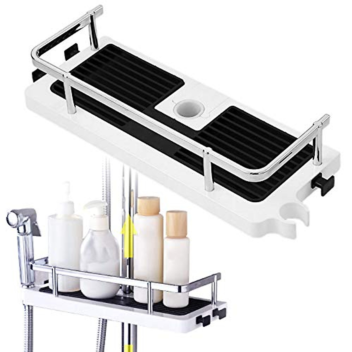 shlutesoy Bathroom Shelf Shower Storage,Shower Storage Shelf,Multifunctional Punch Free Shower Rod Rectangular Storage Rack Holder Black White