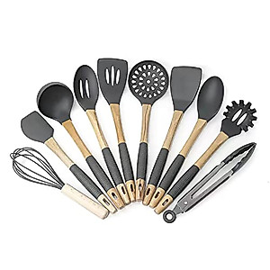 RANIT 10 pieces of silicone kitchenware Set,Wooden handle Non-stick pot cooking tool set,Kitchen Utensils Household Cooking Spoon Shovel Kitchenware Set (Gray)