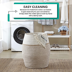 Organizix XXXL Extra Large Woven Cotton Rope Tall 25" Height Laundry Hamper Basket with Handles, Storage Basket for Toys, Blanket, and Towels - 20 x 25, White/Brown