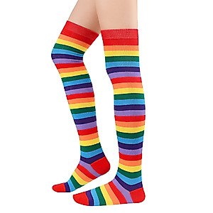 Women's Thigh High Stockings Striped Cosplay Over the Knee Tube Socks Long Boot Leg Warmers for Daily Wear 1 Pack Red Rainbow