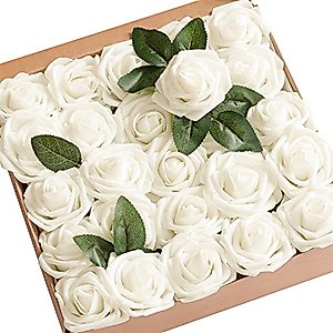 Ling's Moment Artificial Flowers Ivory Foam Fake Roses with Stems 25pcs for DIY Wedding Bridal Shower Centerpieces Tables Decorations Party