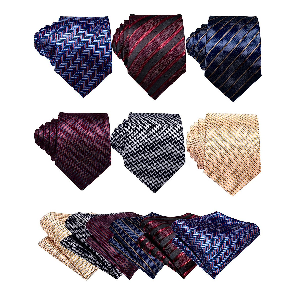 Barry.Wang Mens Stripe Plaid Tie Set with Pocket Square Cufflink Tie Clip Necktie Business Wedding 6PC
