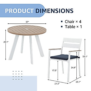 OC Orange-Casual 5 Piece Aluminum Patio Dining Set, Outdoor Furniture Set with 4 Stackable Cushioned Chairs and Round Weather Resistant Table w/Umbrella Hole for Deck, Backyard, Poolside(Dark Blue)