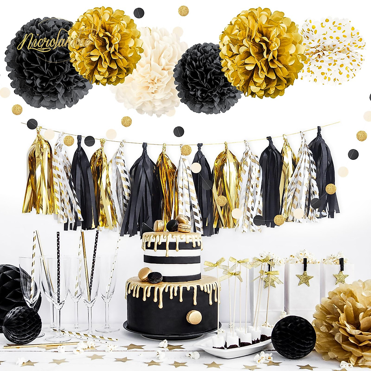 NICROLANDEE Black Gold Party Decoration, 23PCS Tissue Paper Pom Poms Kit Hanging Polka Dot Paper and Tissue Tassel for Birthday, Graduation, Wedding, New Years Decorations