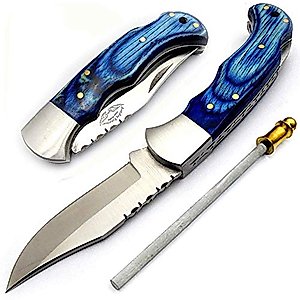 Best.Buy.Damascus1 Pocket Knife Blue Wood 420c Stainless Steel Folding Knife EDC hunting knife Pocket Knife for Men Gifts for Men