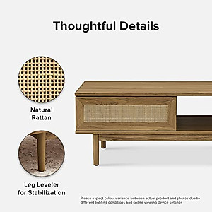 mopio Haylee Modern Boho Rectangle Farmhouse Coffee Table with Adjustable Natural Rattan Wicker Sliding Door, Solid Wood Leg, & Dual Storage Shelf for Living Room, Includes Leveler (Natural Oak)