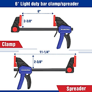 WORKPRO Mini Bar Clamps for Woodworking, 6"(2) and 4-1/2"(2), 4-Piece One-Handed Clamp/Spreader, Light-Duty Quick-Change F Clamp with 150lbs Load Limit Blue
