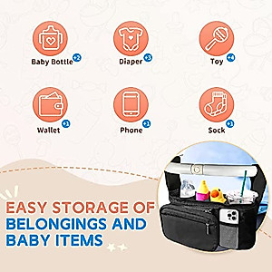 EASYFUN Baby Stroller Organizer with 2 Insulated Cup Holder Detachable Zippered Pocket & Adjustable Shoulder Strap, Universal Stroller Accessories Fits For All Baby Strollers