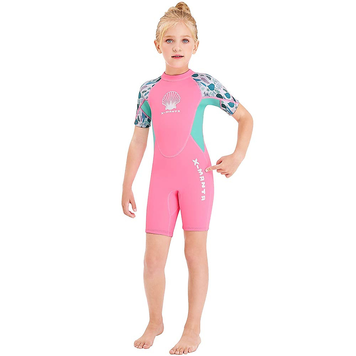 Wetsuit Kids Shorty Neoprene Thermal Diving Swimsuit 2.5MM for Girls Boys Child Teen Youth Toddler, One Piece Children Rash Guard Swimming Suit UV Protection Sunsuit for Surfing (Girl Pink, L)