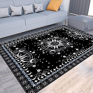5' X 7' Sun and Moon Rug Boho Celestial Area Rugs for Bedroom Dorm Living Room Bohemian Occult Crescent Solar Stars Galaxy Floor Mat Pad Doormat Carpet,150 X 210cm,Black