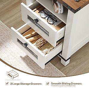 HOOBRO Nightstand with Charging Station, Farmhouse End Table with 2 Drawers Storage Cabinet, Sofa Side Table, 18" Rustic Night Stand for Bedroom, Living Room, White and Walnut WH146UBZ01