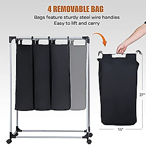 Laundry Sorter,Rolling Laundry Hamper 4-Bag Laundry Sorter Cart with Wheels 4 Removable Bags for Clothes Storage Lightweight Black