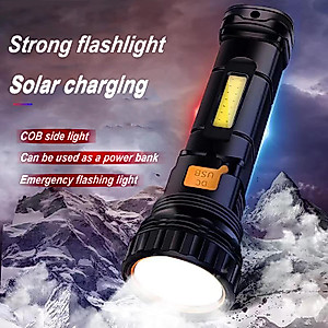 E-SHIDAI Solar/Rechargeable Multi Function 1000 Lumens LED Flashlight, with Emergency Strobe Light and 1200 Mah Battery, Emergency Power Supply and USB Charging Cable, Fast Charging (1PC)