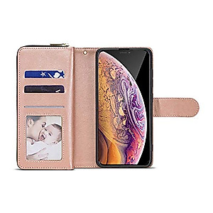 ZCDAYE Wallet Case for iPhone X Xs,Premium[Magnetic Closure][Zipper Pocket] Folio PU Leather Flip Case Cover with 9 Card Slots Kickstand for iPhone X/Xs 5.8"-Rose Gold