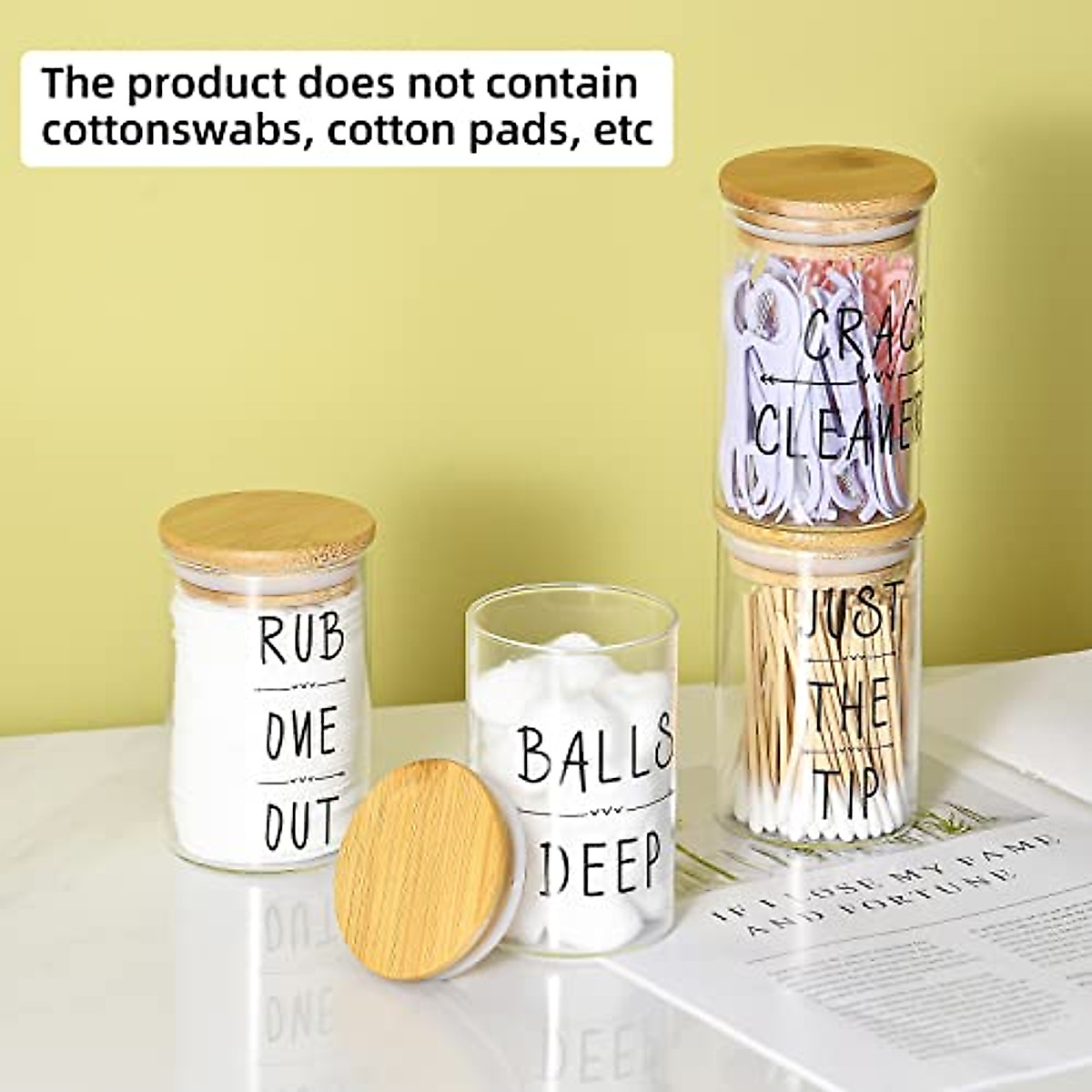 4 Pack Qtip Holder, 10 oz Bathroom Organization with Bamboo Lids, Clear Glass Farmhouse Qtip Holder for Bathroom Vanity, Great for Cotton Swabs, Cotton Ball, Floss, Bathroom Decor