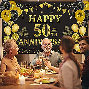 DARUNAXY 50th Wedding Anniversary Decorations, Large Happy 50th Anniversary Banner Backdrop 70 x 43 Inches, Black and Gold Party Balloons, Hanging Swirls for Indoor Outdoor Home Wall Party Supplies