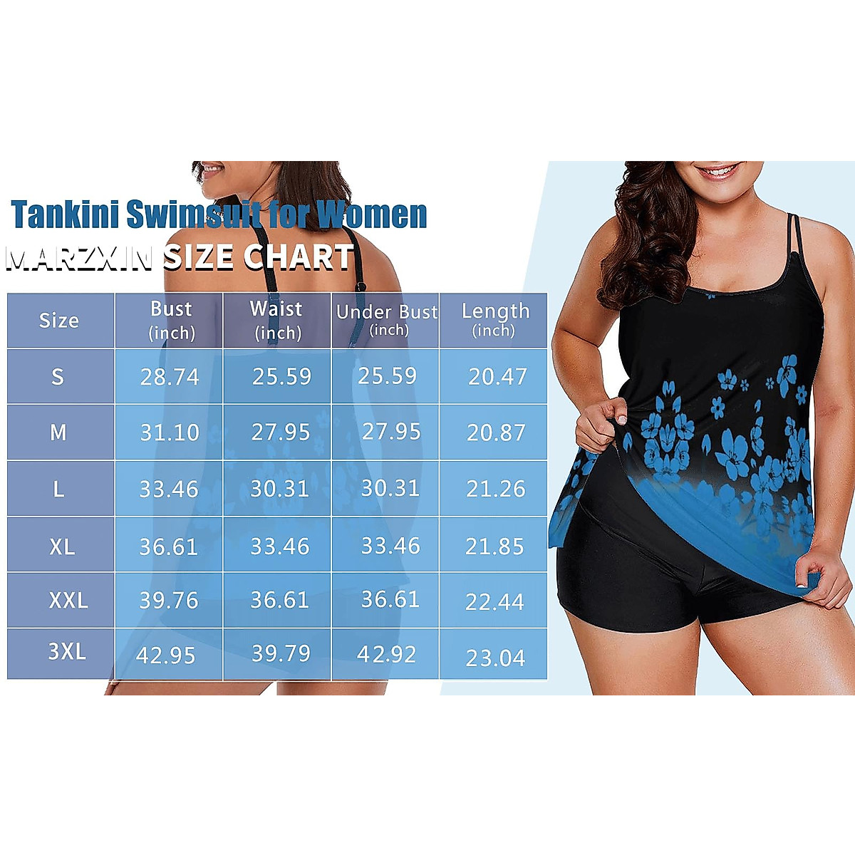 MARZXIN Tankini Swimsuit for Women Floral Two Piece Bathing Suit Swimwear Tank Top Swimwear with Boyshorts Gradient Grey XXL