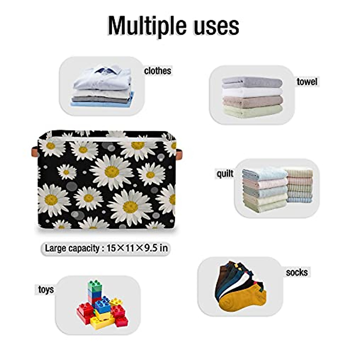 Daisy Storage Basket Bins Flower Floral Toys Books Clothes Canvas Storage Box Cubes Rectangular Collapsible with Handles for Bedroom Nursery Home Office Decor Organizer Basket