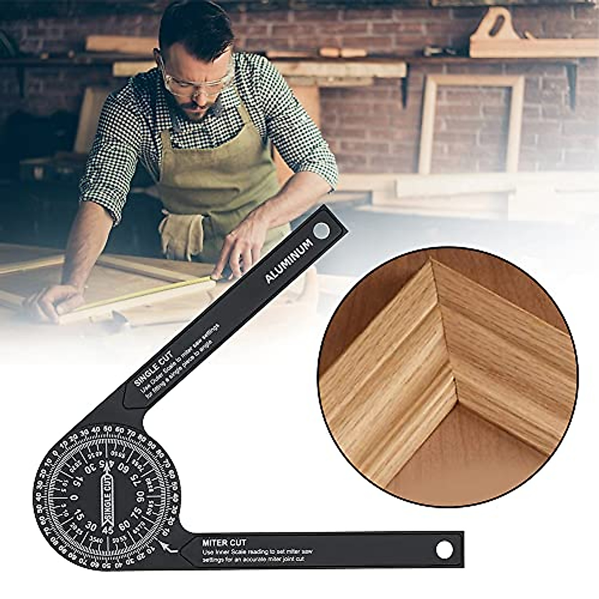 YOURCARE Miter Saw Protractor Angle Finder, 7 Inch Aluminum Miter Protractor, 360 Degree High Precision Miter Angle Finder, Angle Protractor Tool Woodworking, Crown Molding, Baseboard, Black (1 Pack)