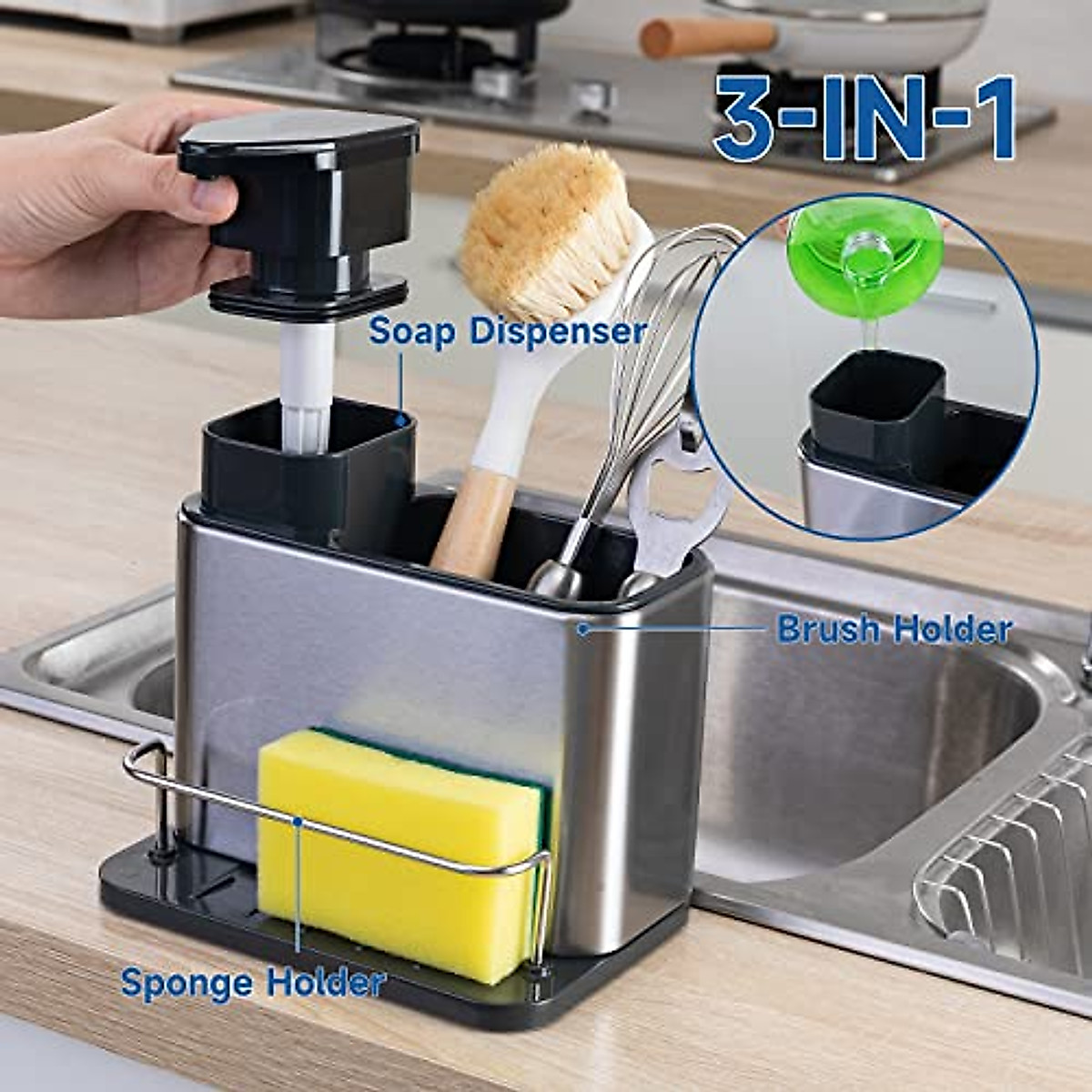 BIARTS Soap Dispenser for Kitchen Sink, 3-in-1 Sponge Holder for Kitchen Sink Caddy, Stainless Steel Kitchen Sink Organizer Tray Drainer Rack, Rustproof Dish Soap Dispenser Brush Holder Countertop