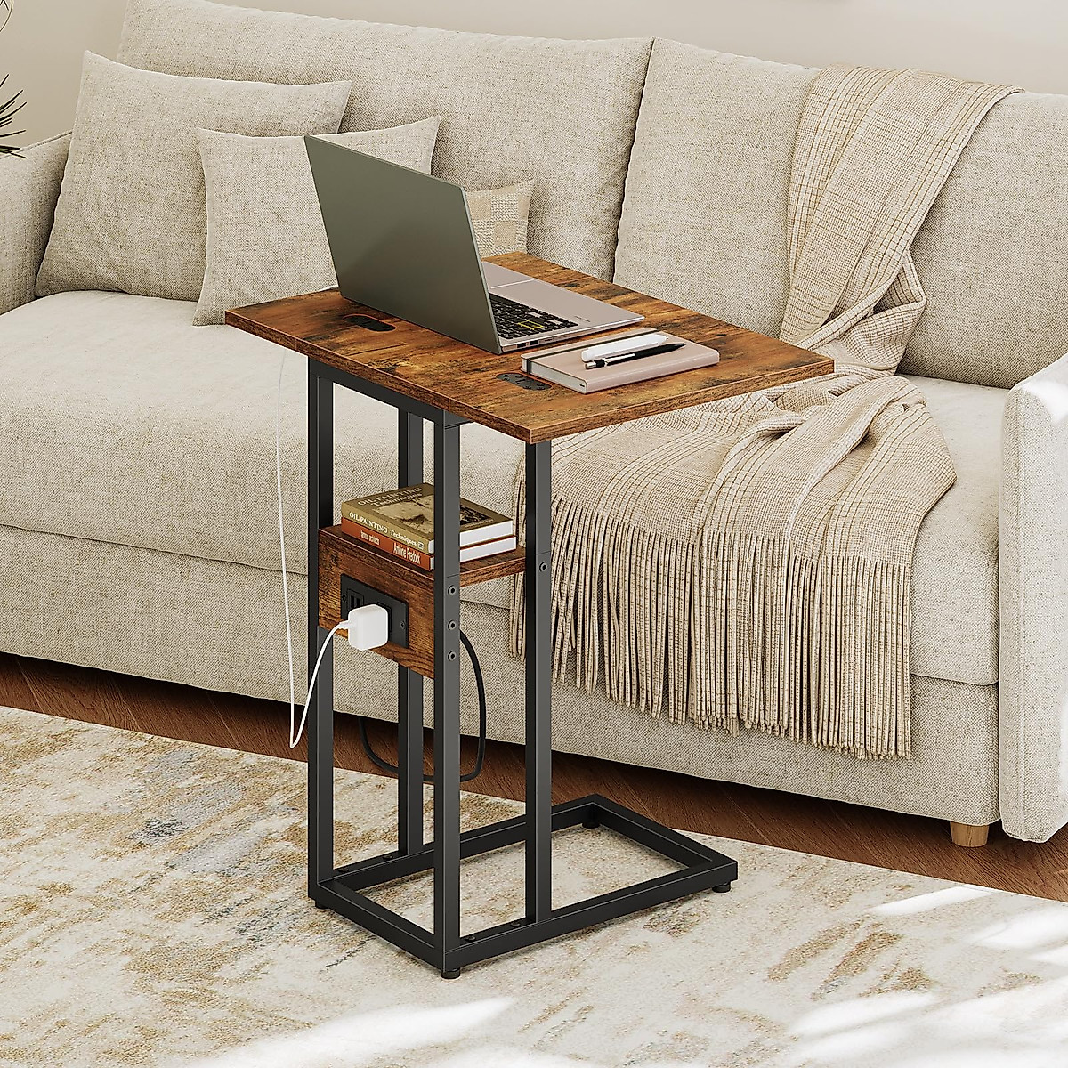HOOBRO Foldable End Table, C Shaped Side Table with Charging Station, Sofa Couch Table That Slide Under for Living Room Bedroom Small Spaces, Easy Assembly, Rustic Brown and Black BF29USF01