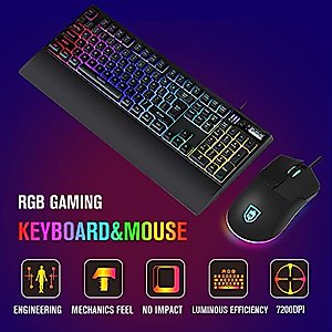 KOLMAX K3 RGB Gaming Keyboard and Mouse Combo,RGB Mechanical feel Gaming Keyboard with Ergonomic Detachable Wrist Rest, Programmable 7200 DPI RGB Gaming Mouse for Windows PC Mac Office/Gaming/Xbox/PS4