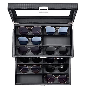 BEWISHOME Sunglasses Organizer, 12 Slots Sunglasses Case for Men, Eyeglasses Display Case with Clear Glass Top, Carbon Fiber Design,Black SSH48C